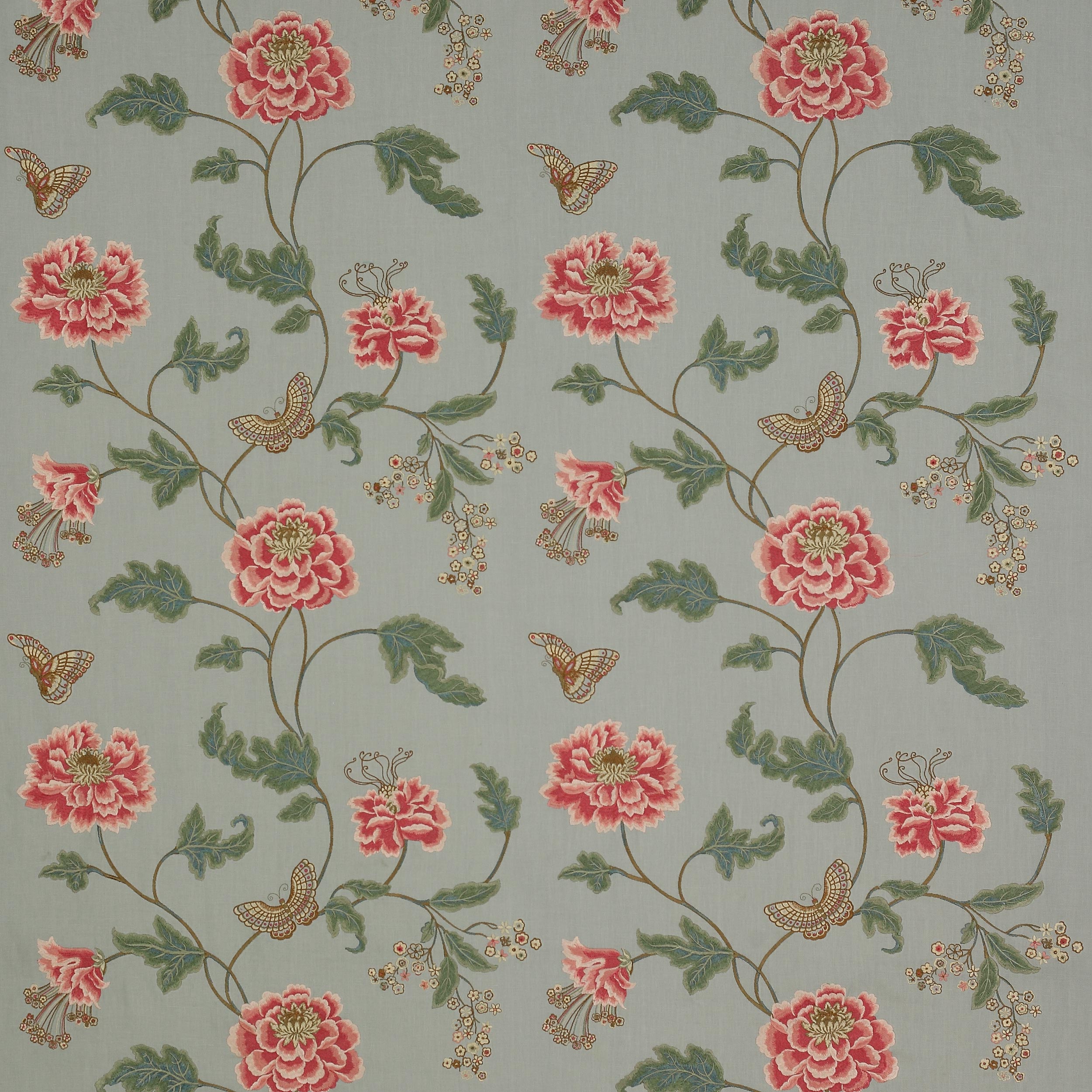 Oriental Poppy Linen Fabric in Pink/Green by Colefax and Fowler